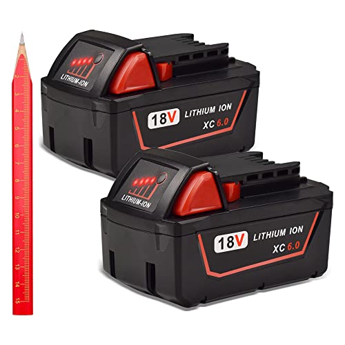 WORTHMAH 2 Pack 6.0Ah 18V M-18 Batteries Replacement for Milwaukee M18 Lithium Battery Compatible with 48-11-1815 48-11-1820 48-11-1828 ，with 1 Carpenter Pencil