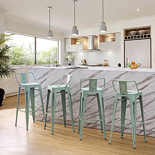 Changjie Furniture Metal Bar Stools Set of 4 Distressed Industrial Counter Bar Stool with Backs Bistro Cafe Barstools(30 inch, Distressed Blue-Green)