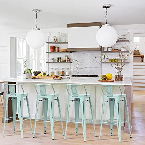 Changjie Furniture Metal Bar Stools Set of 4 Distressed Industrial Counter Bar Stool with Backs Bistro Cafe Barstools(30 inch, Distressed Blue-Green)