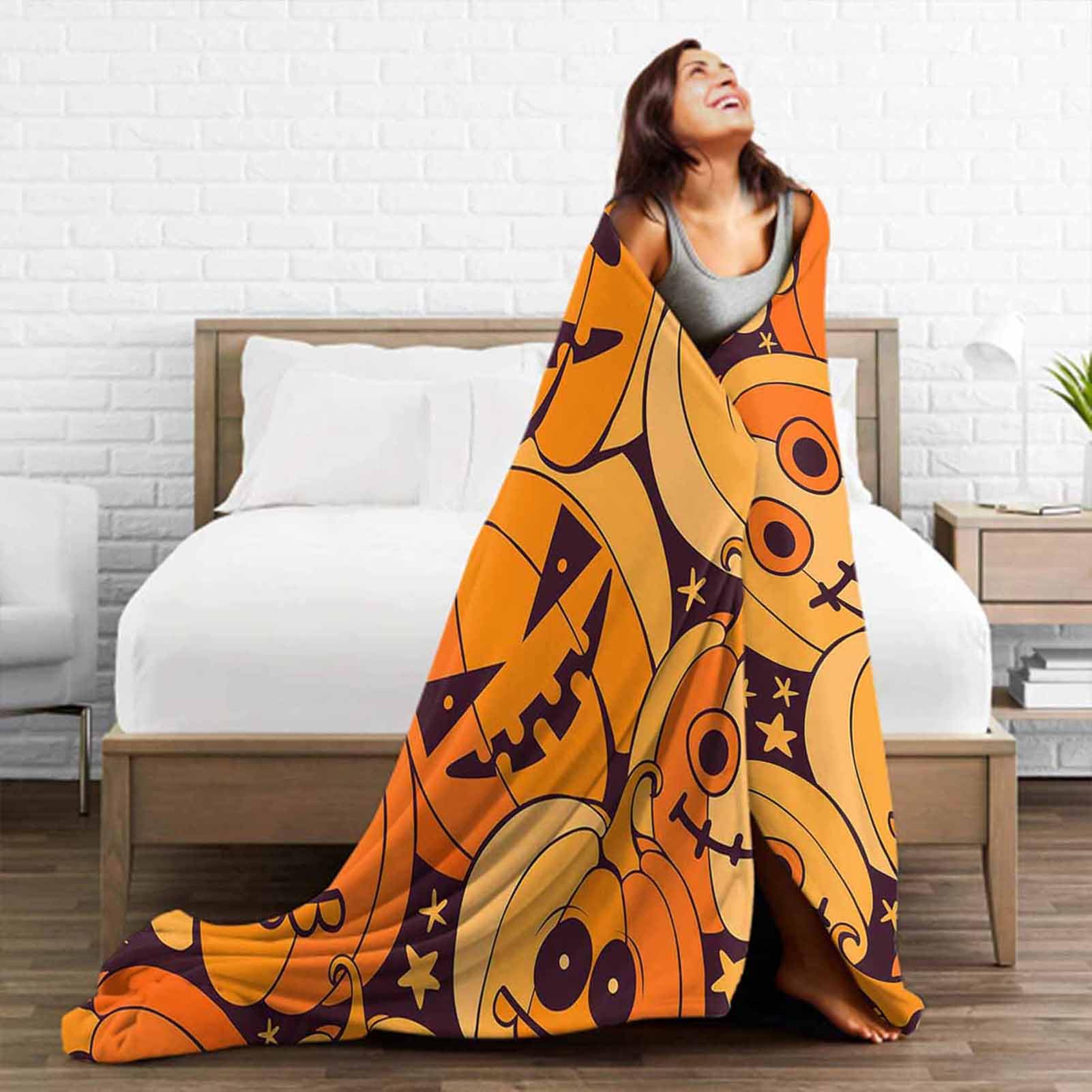 Throw Blanket 40x50 Inch,Happy Halloween Pattern with Scary Orange Pumpkins On Dark Flannel Soft Cozy Fluffy Throw Blankets and Warm Throws for Adults in Couch Sofa Bed 50x40 Inch