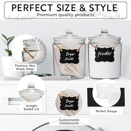 Arjust Glass Jars for Laundry Room Organization Jars Half Gallon Laundry Pods Container with Scoops Labels Chalkboards eBook Laundry Jars for Detergent Powder Dryer Balls Scent Boosters Dryer Sheets