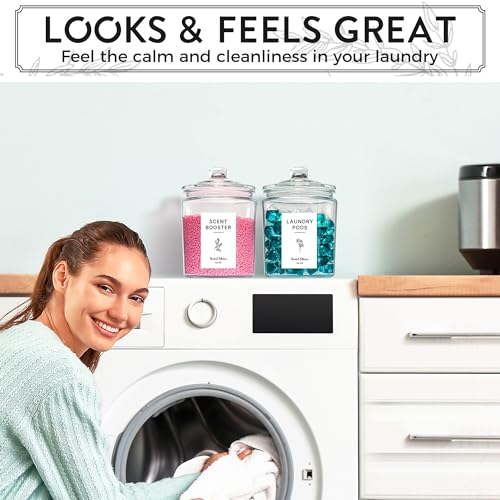 Arjust Glass Jars for Laundry Room Organization Jars Half Gallon Laundry Pods Container with Scoops Labels Chalkboards eBook Laundry Jars for Detergent Powder Dryer Balls Scent Boosters Dryer Sheets