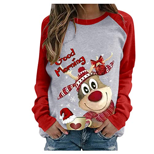 Christmas Shirts for Women Ugly Sweaters Good Morning Letters Cute Deer Printing Blouses Long Sleeve Crewneck Warm Tops Gray