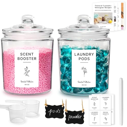 Arjust Glass Jars for Laundry Room Organization Jars Half Gallon Laundry Pods Container with Scoops Labels Chalkboards eBook Laundry Jars for Detergent Powder Dryer Balls Scent Boosters Dryer Sheets