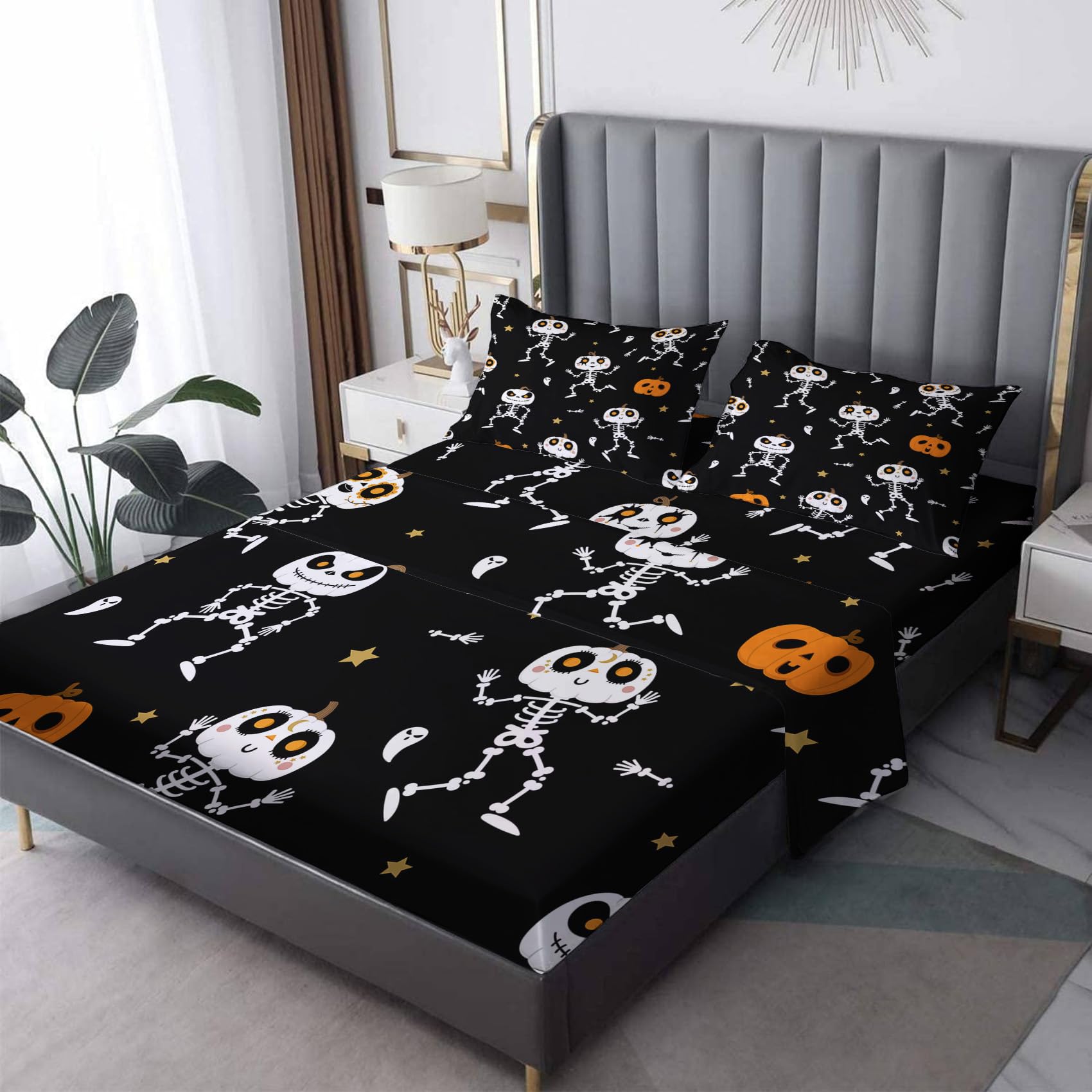 Halloween Sheets Full Size, Pumpkin Skeleton Bed Sheets, Patterned Bedding Sheets & Pillowcases 4 Piece Set - Soft Microfiber Deep Pocket Fitted Sheet & Flat Sheet & 2 Pillow Cases Z1-&-90