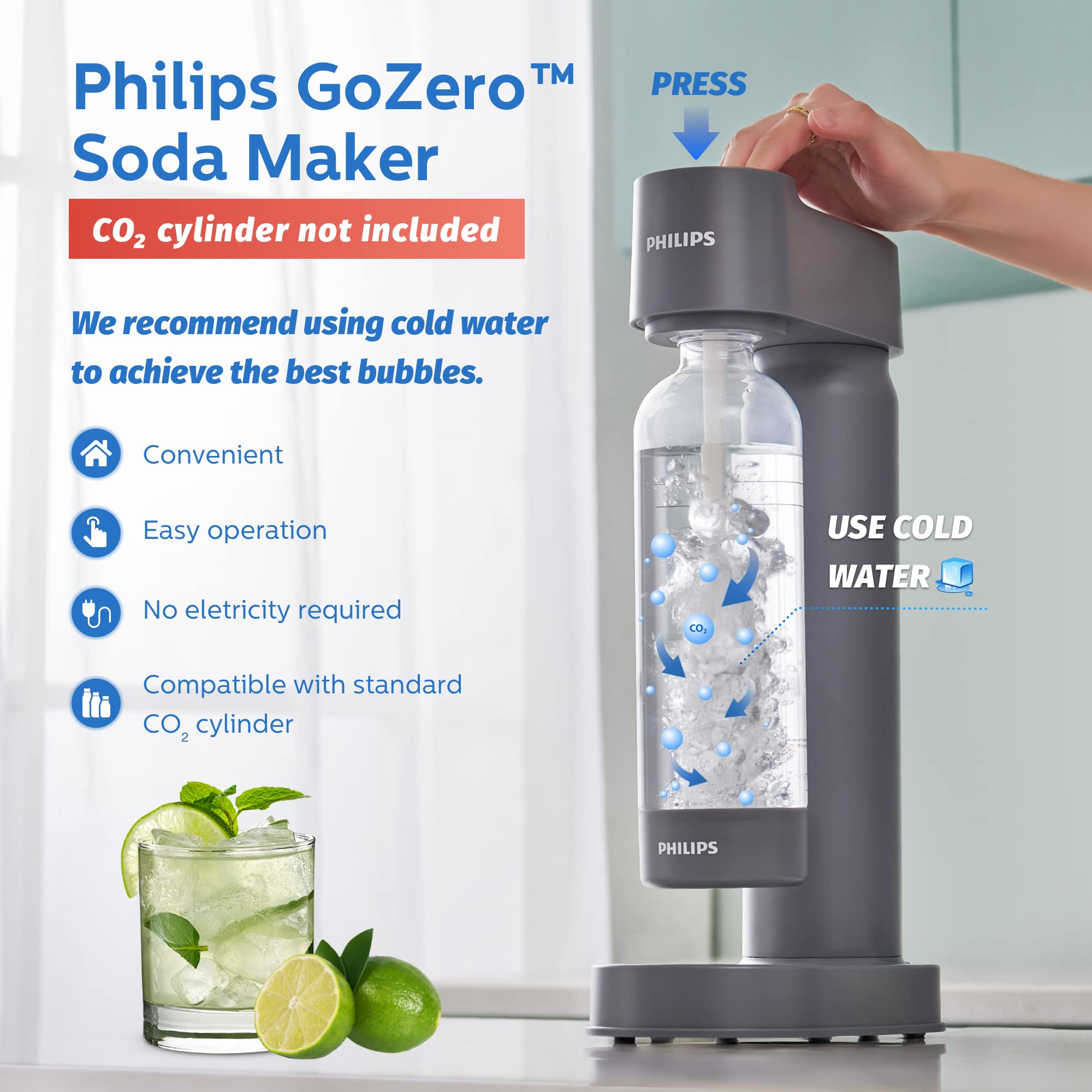 PHILIPS Sparkling Water Maker + PHILIPS Carbonating Bottles (1L Twin Pack)