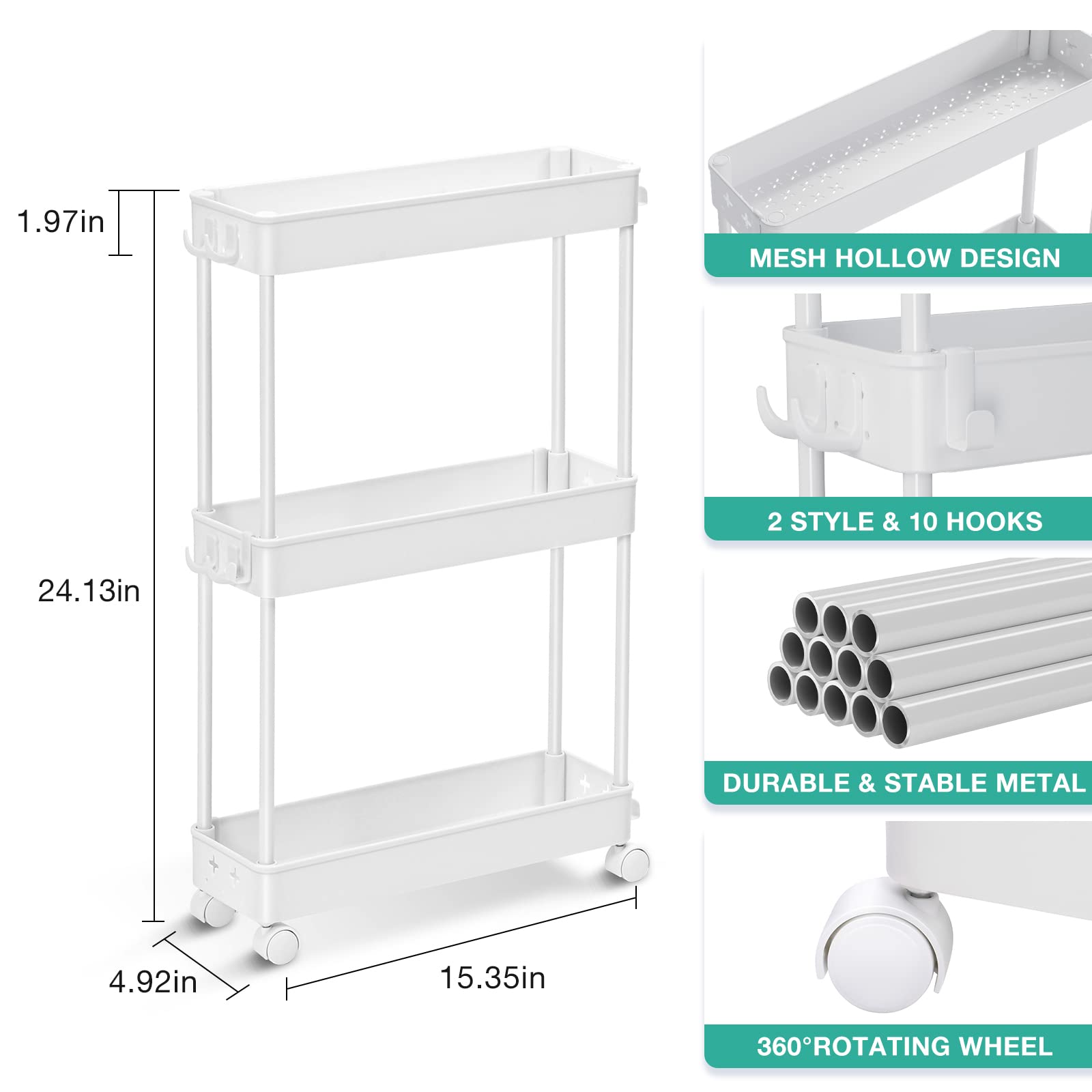 TOOLF Slim Rolling Storage Cart, 3 Tier Utility Cart on Wheels with Hooks, Bathroom Rolling Cart Organizer, Thin Mobile Shelving Unit for Laundry Kitchen Dorm for Nursery Diaper Craft Snack, White