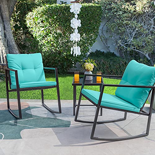 Greesum 3 Pieces Rocking Wicker Bistro Set, Patio Outdoor Furniture Conversation Sets with Porch Chairs and Glass Coffee Table, Blue