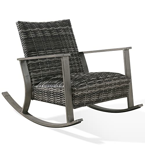 Ulax Furniture Outdoor Wicker Rocking Chair, All- Weather Outside Rattan Furniture, Club Rocker Chair with Armrest for Garden, Patio, Balcony and Backyard (Grey)
