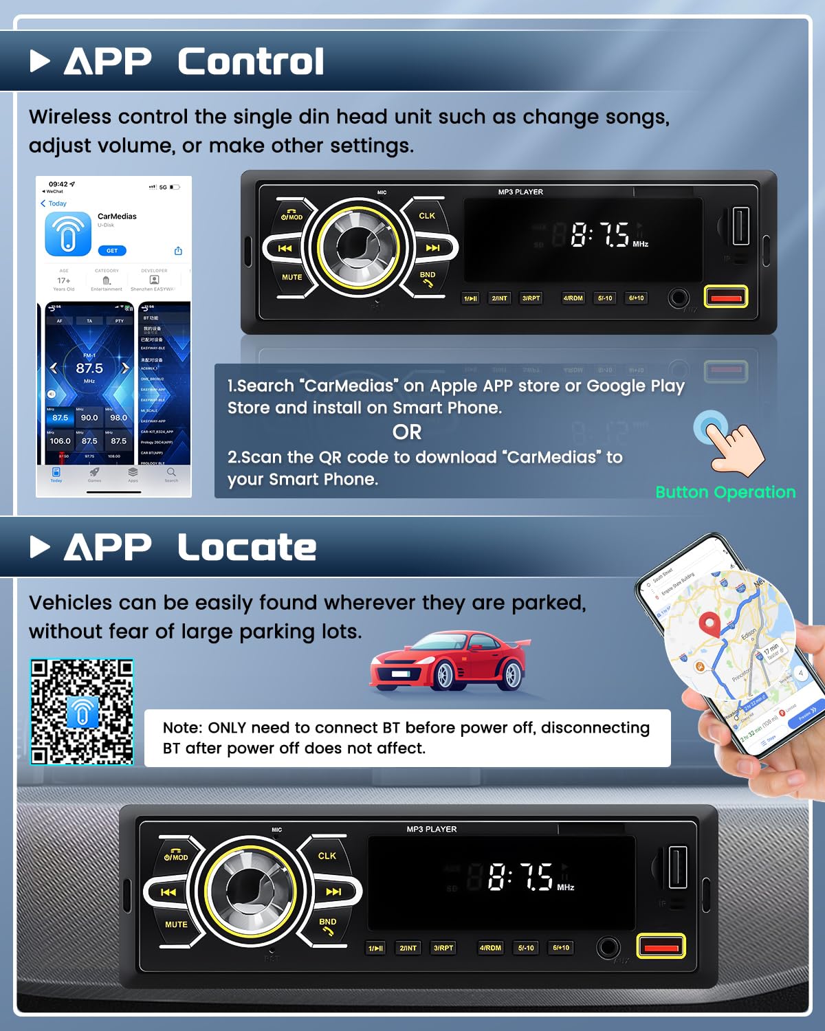 Single Din Car Stereo - Multimedia Bluetooth Audio and Hands-Free Calling, Built-in Mic, MP3 Player, No CD/DVD Player, USB Playback & Charging, AUX/TF Input, FM Radio, Remote/App Control