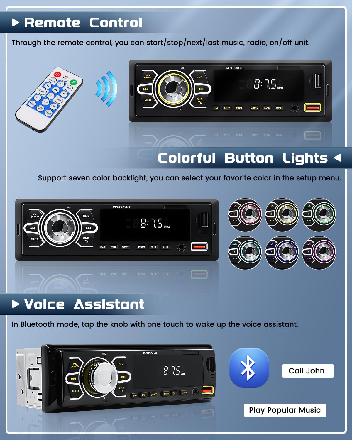 Single Din Car Stereo - Multimedia Bluetooth Audio and Hands-Free Calling, Built-in Mic, MP3 Player, No CD/DVD Player, USB Playback & Charging, AUX/TF Input, FM Radio, Remote/App Control