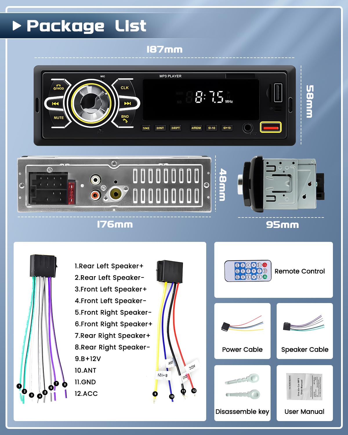 Single Din Car Stereo - Multimedia Bluetooth Audio and Hands-Free Calling, Built-in Mic, MP3 Player, No CD/DVD Player, USB Playback & Charging, AUX/TF Input, FM Radio, Remote/App Control