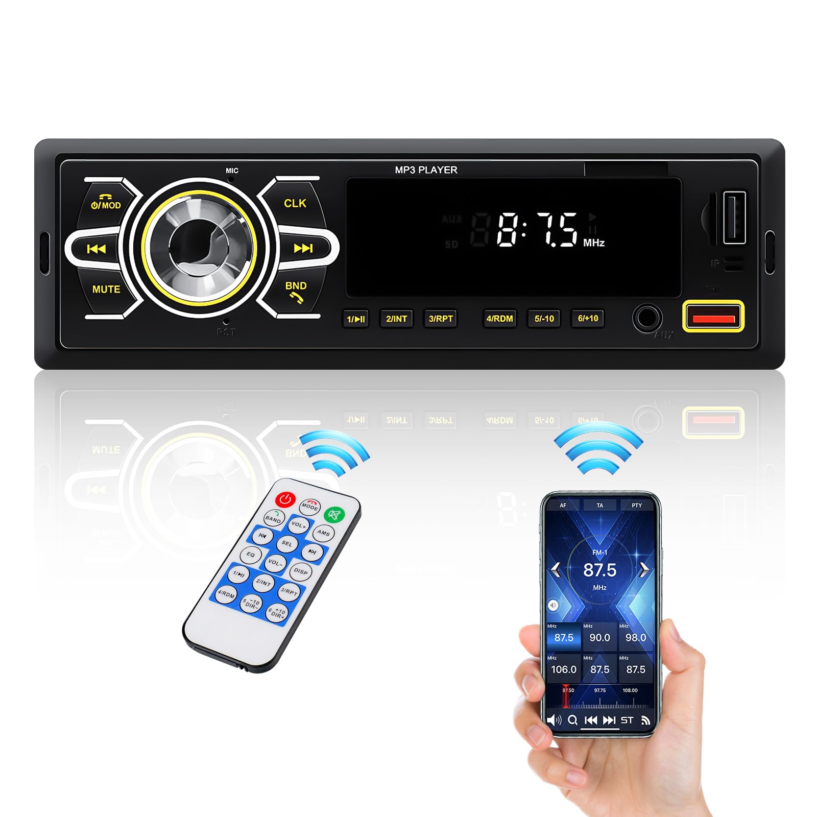 Single Din Car Stereo - Multimedia Bluetooth Audio and Hands-Free Calling, Built-in Mic, MP3 Player, No CD/DVD Player, USB Playback & Charging, AUX/TF Input, FM Radio, Remote/App Control