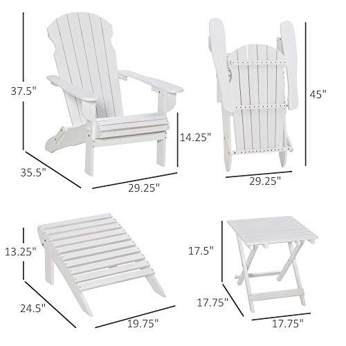Outsunny 3-Piece Folding Adirondack Chair with Ottoman and Side Table, Outdoor Wooden Fire Pit Chairs w/High-Back, Wide Armrests for Patio, Backyard, Garden, Lawn Furniture, White