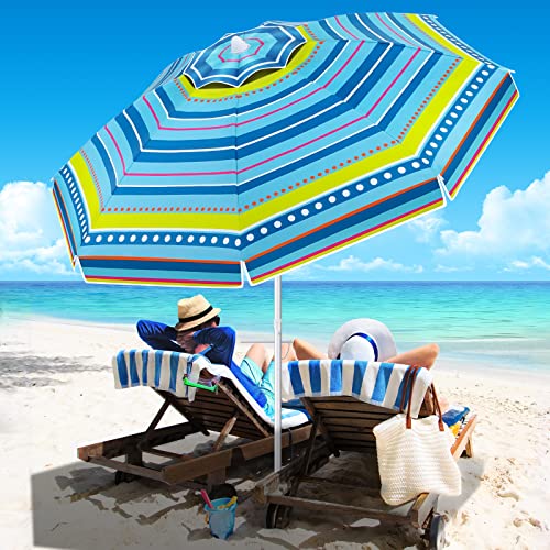FEFLO Beach Sand Umbrella Portable Outdoor: 7ft Arc Length 6.5ft Diameter Large Striped Heavy Duty Wind Proof UV 50+ Parasol with Anchor Adjustable Tilt Pole 8 Ribs Carry Bag Lightweight