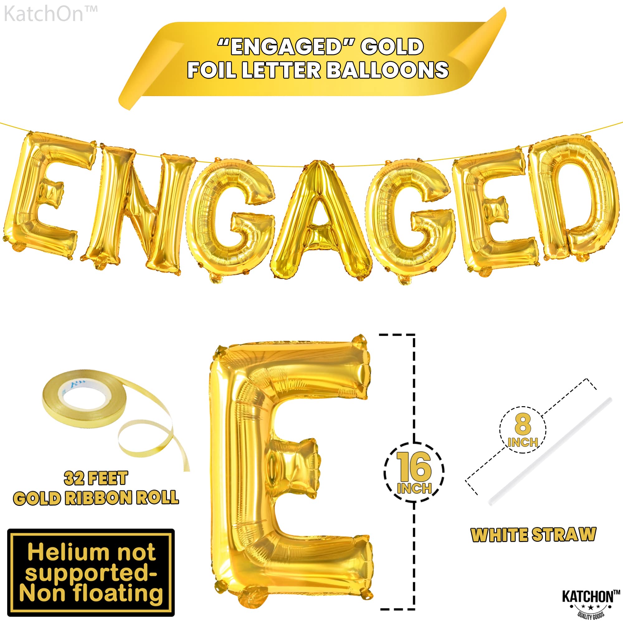 KatchOn, Gold Letter Engaged Balloon with Huge Diamond Ring Balloon - Pack of 2 | Gold Engagement Balloons for Engagement Party Decorations | Diamond Balloons for Wedding, Bridal Shower, Engaged Decor