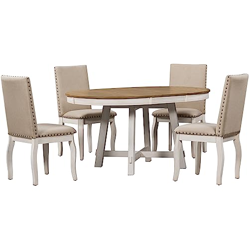 Merax 5 Piece Round Dining Table Set, Solid Wood Extendable Dining Table and 4 Upholstered Dining Chairs for Kitchen Dining Room (Oak Natural Wood + Antique White)