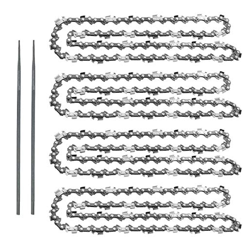 4 Pack 14-Inch Chainsaw Chain with 2 Bonus Sharpening Files; Heavy Duty Carbon Steel Chains Fit Most Major Chainsaw Brands; for Commercial, Professional and Home Use | Cuts Like Butter