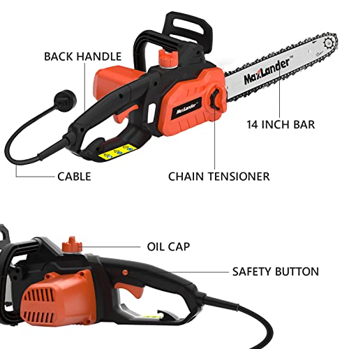 MAXLANDER Electric Chain Saw, 9 Amp Corded Chainsaw, 15m/s with 14 Inch Chain and Bar, Light Weight Multi Angle Fast Cut Powerful High Efficiency