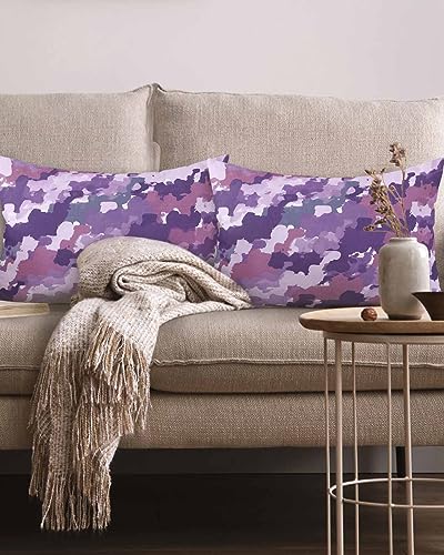 LUSWEET Cotton Throw Pillow Covers Reversible Set of 2, Camouflage Netting Camo Purple Soft Couch Pillow Covers for Sofa Bedroom Living Room 12 x 20 Inch Decorative Cushion Case Home Decor