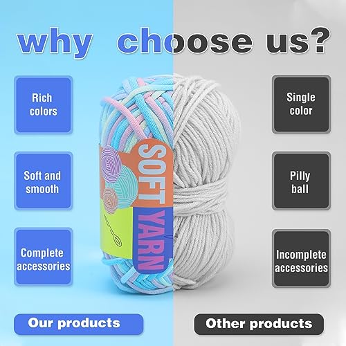 IMZAY 100g/3.52OZ Yarn for Crocheting, Rainbow Color Cotton Yarn and Yarn for Beginners with Easy-to-See Stitches, Ergonomic Handle Hooks, Cotton Nylon Chunky Yarn for Crocheting and Knitting-Blue