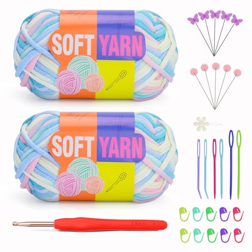 IMZAY 100g/3.52OZ Yarn for Crocheting, Rainbow Color Cotton Yarn and Yarn for Beginners with Easy-to-See Stitches, Ergonomic Handle Hooks, Cotton Nylon Chunky Yarn for Crocheting and Knitting-Blue