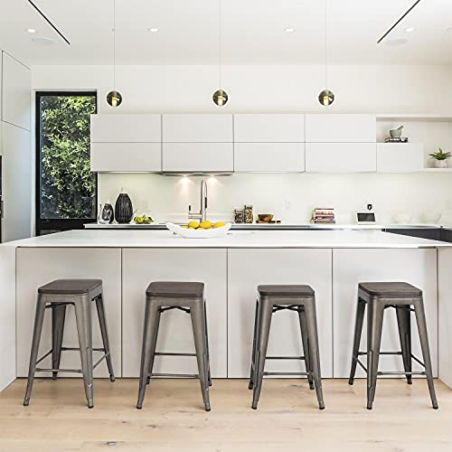 Yaheetech 24'' Counter Height Barstools 4PCS Metal Chairs Barstools for Patio with Wood Seat for Indoor and Outdoor, Gun Metal