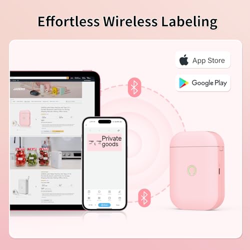JADENS D11 Pro Portable Bluetooth Label Maker with Tape - Mini Label Printer for Storage, Barcode, Mailing, Office & Home Organizing - Sticker Maker with Multiple Templates, Pink