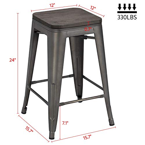 Yaheetech 24'' Counter Height Barstools 4PCS Metal Chairs Barstools for Patio with Wood Seat for Indoor and Outdoor, Gun Metal