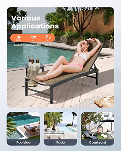 Pellebant Outdoor Lounge Chairs Set of 2, Patio Aluminum Chaise Lounge with Adjustable Backrest, Rustproof Pool Lounge Chairs for Pool Deck Sunbath(2pcs,Grey&Brown)