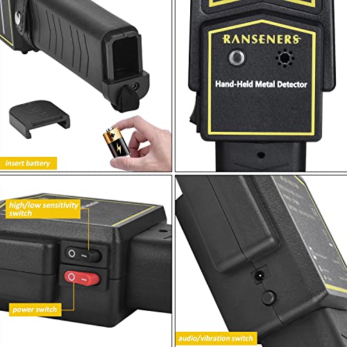 RANSENERS Handheld Metal Detector Wand,Security Wand,Safety Bars, Portable Adjustable Sound & Vibration Alerts, Detects Weapons Knivers Screw (High Sensitivity, Black)