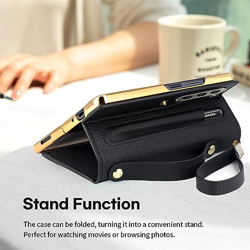 Wallet Case for Samsung Galaxy Z Fold 5 2023, Luxury Electroplated Golden Frame Lanyard Strap Zipper PU Leather Magnetic Closure Flip Folio Case with Card Holder S Pen Holder,Brown