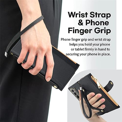 Wallet Case for Samsung Galaxy Z Fold 5 2023, Luxury Electroplated Golden Frame Lanyard Strap Zipper PU Leather Magnetic Closure Flip Folio Case with Card Holder S Pen Holder,Brown