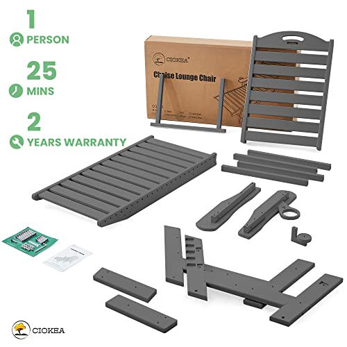 Chaise Lounge for Outdoor, Patio Lounge Chairs for Outside, Chaise Lounge Chair with 6 Positions, HDPEĀ Lounge Chair with Cup Holder for Pool Poolside Deck Backyard Lawn, Grey