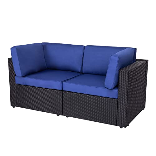 J-SUN-7 Wicker Loveseat 2 Piece,Patio Sectional Furniture Corner Sofa,All-Weather Wicker Loveseats Outdoor Rattan Couch Set Conversation Sets(Dark Blue)