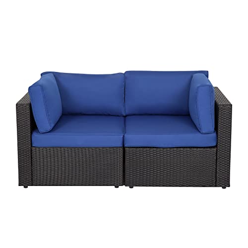 J-SUN-7 Wicker Loveseat 2 Piece,Patio Sectional Furniture Corner Sofa,All-Weather Wicker Loveseats Outdoor Rattan Couch Set Conversation Sets(Dark Blue)