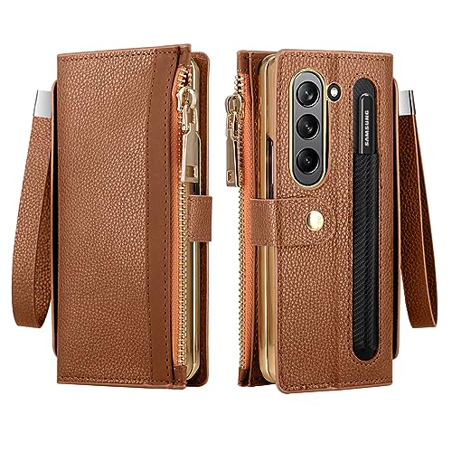 Wallet Case for Samsung Galaxy Z Fold 5 2023, Luxury Electroplated Golden Frame Lanyard Strap Zipper PU Leather Magnetic Closure Flip Folio Case with Card Holder S Pen Holder,Brown
