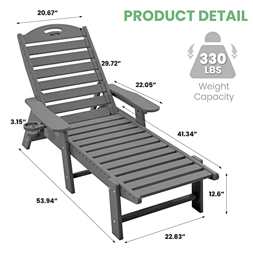 Chaise Lounge for Outdoor, Patio Lounge Chairs for Outside, Chaise Lounge Chair with 6 Positions, HDPEĀ Lounge Chair with Cup Holder for Pool Poolside Deck Backyard Lawn, Grey