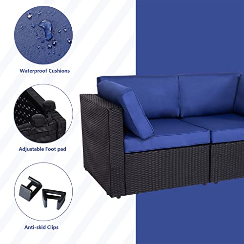 J-SUN-7 Wicker Loveseat 2 Piece,Patio Sectional Furniture Corner Sofa,All-Weather Wicker Loveseats Outdoor Rattan Couch Set Conversation Sets(Dark Blue)