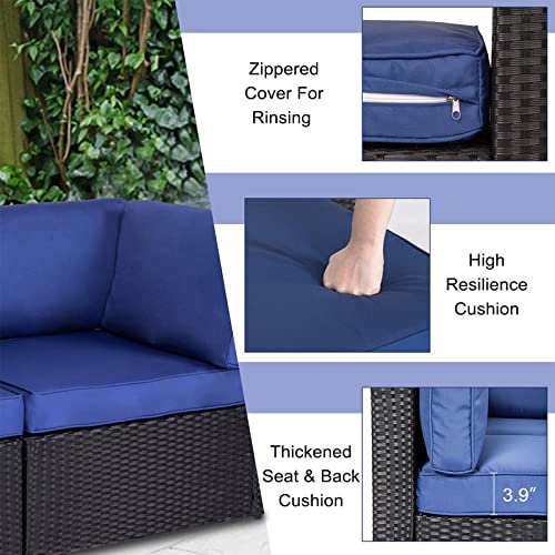 J-SUN-7 Wicker Loveseat 2 Piece,Patio Sectional Furniture Corner Sofa,All-Weather Wicker Loveseats Outdoor Rattan Couch Set Conversation Sets(Dark Blue)
