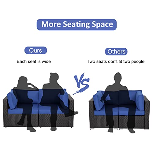 J-SUN-7 Wicker Loveseat 2 Piece,Patio Sectional Furniture Corner Sofa,All-Weather Wicker Loveseats Outdoor Rattan Couch Set Conversation Sets(Dark Blue)