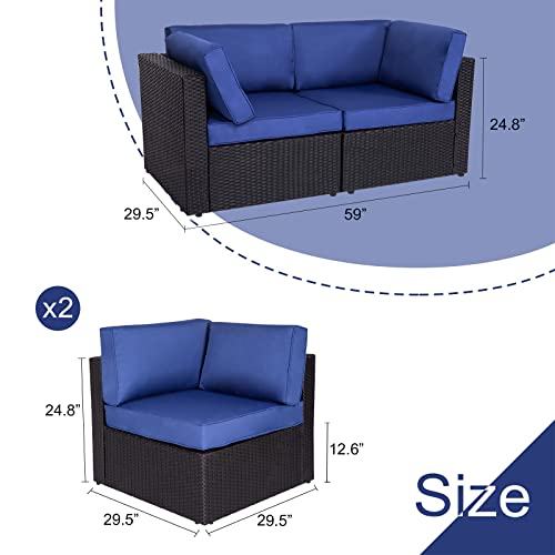 J-SUN-7 Wicker Loveseat 2 Piece,Patio Sectional Furniture Corner Sofa,All-Weather Wicker Loveseats Outdoor Rattan Couch Set Conversation Sets(Dark Blue)