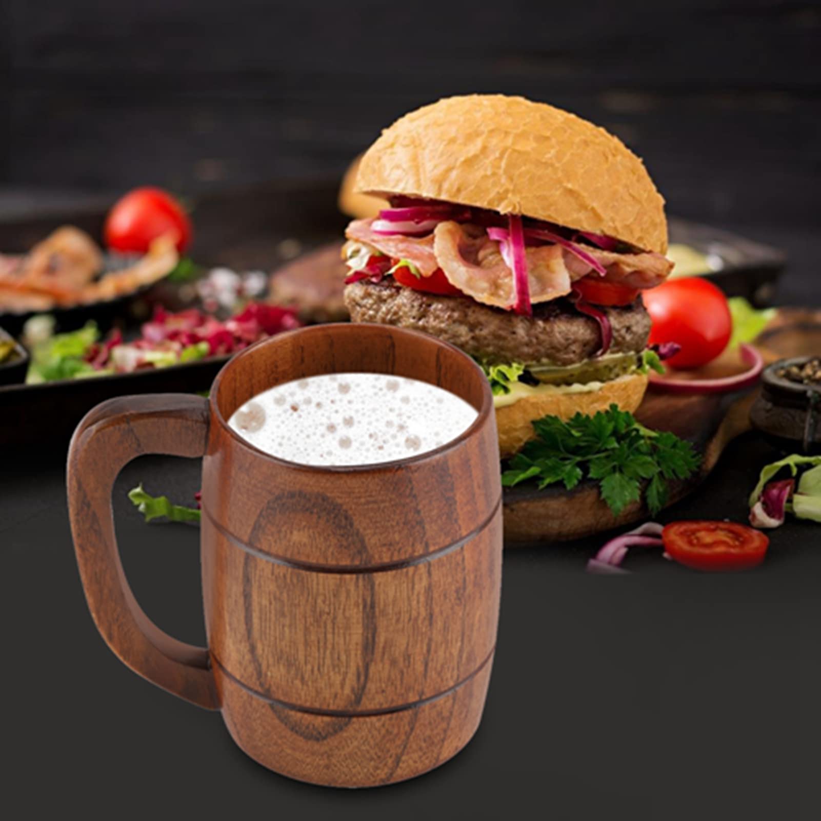 Gavigain Wooden Drink Mug,natureWooden Beer Cup Retro Big Capacity Tea Water Classic Wood Drinking Mug with Handle,Beer Cups for Men & Women