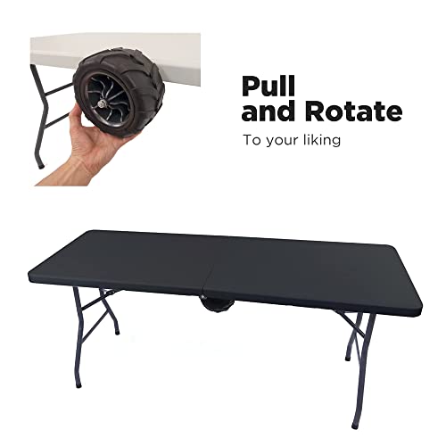 Creative Outdoor Folding Table and Chairs, 6 Ft, Built-in Wheels, Portable Durable Plastic, Indoor/Outdoor Events, Perfect for Camping/Picnic/Tailgating/Party, Easy to Clean