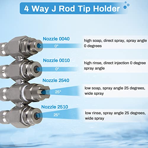 J Rod Tip 4 Way J Rod Pressure Washer Nozzle for 4 GPM Pressure Washer and Soft Wash Tip, with 4 Way Jrod Tip Holder, 1/4" Jrod Tip Quick Connect
