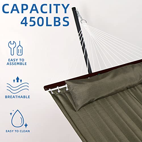 SUNNY GUARD 12.8 FT Hammock with Stand 2 Person Heavy Duty,Quilted Fabric Wood Spreader Bars,Stands & Accessories,for Indoor/Outdoor Patio Dark Green(450 lb Capacity…