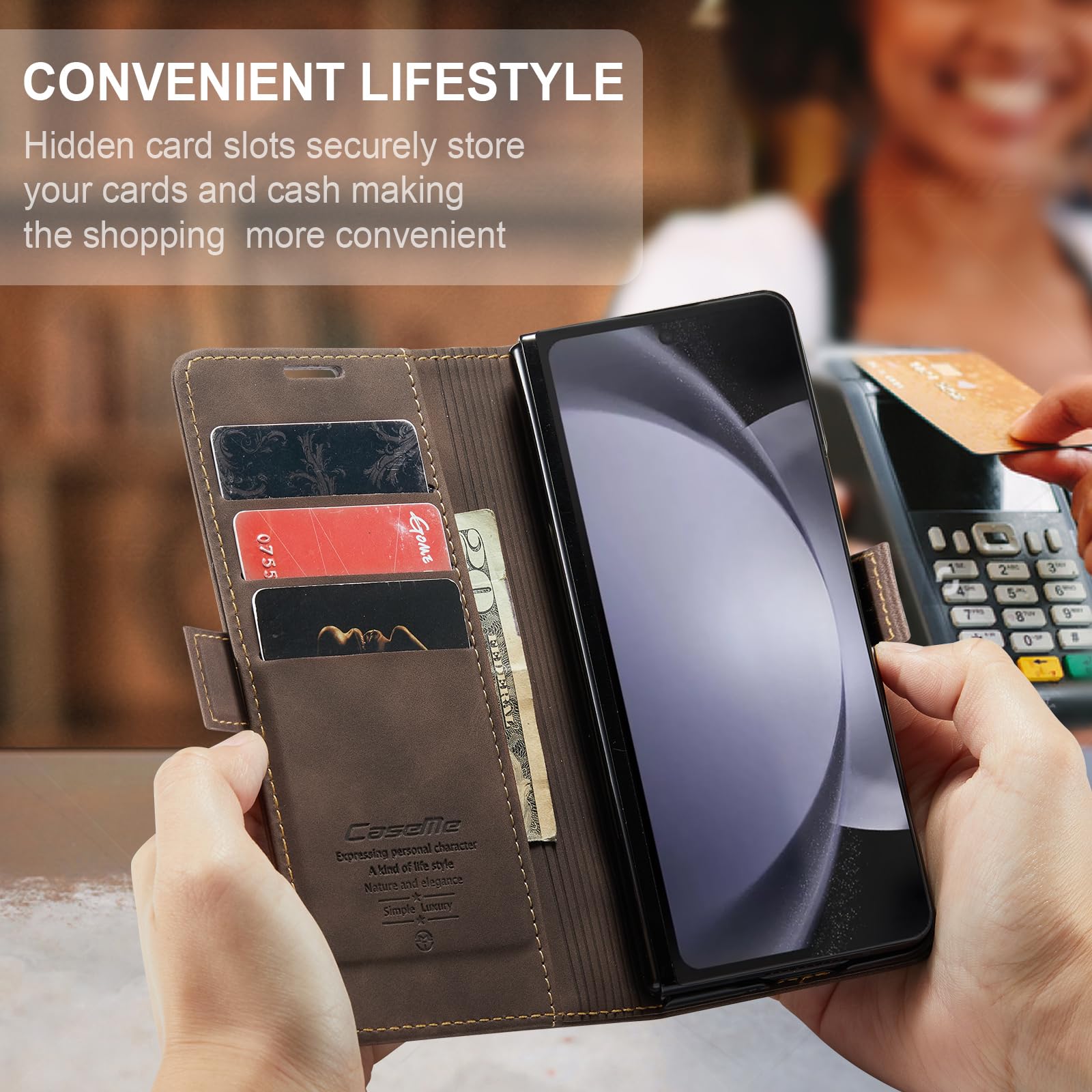 FONREST for Samsung-Galaxy-Z-Fold-5 5G Flip Leather Case, Slim Stitched PU Folio Book Wallet Cover with Kickstand, Card/Cash Slots, Magnetic Closure. Talk on The Phone w/Front Cover Closed(Coffee)