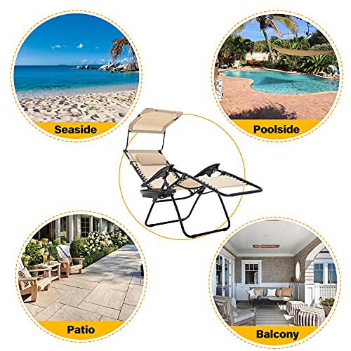 FDW 2 PCS Zero Gravity Chair Lounge Chairs Patio Chairs with Canopy Cup Holder for Outdoor Patio Seaside (Tan)