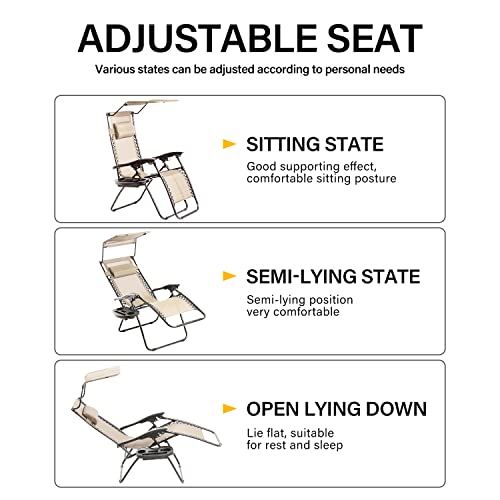 FDW 2 PCS Zero Gravity Chair Lounge Chairs Patio Chairs with Canopy Cup Holder for Outdoor Patio Seaside (Tan)