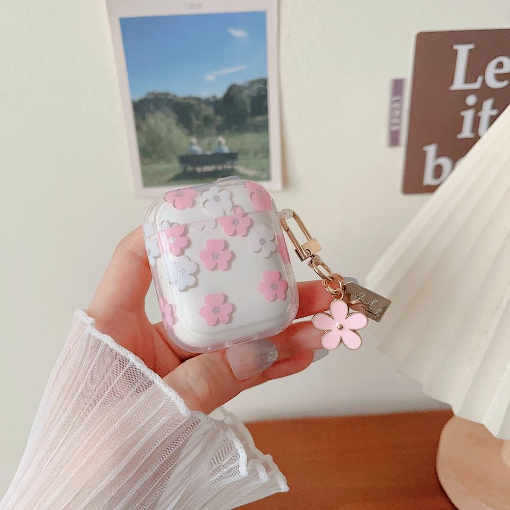 MINSCOSE Compatible with AirPods 1/2 Clear Case,Cute Cartoon Flower Pattern Design with Floral Keychain, Soft TPU Protective Shockproof Case for AirPod 1&2 for Girls Women-Pink